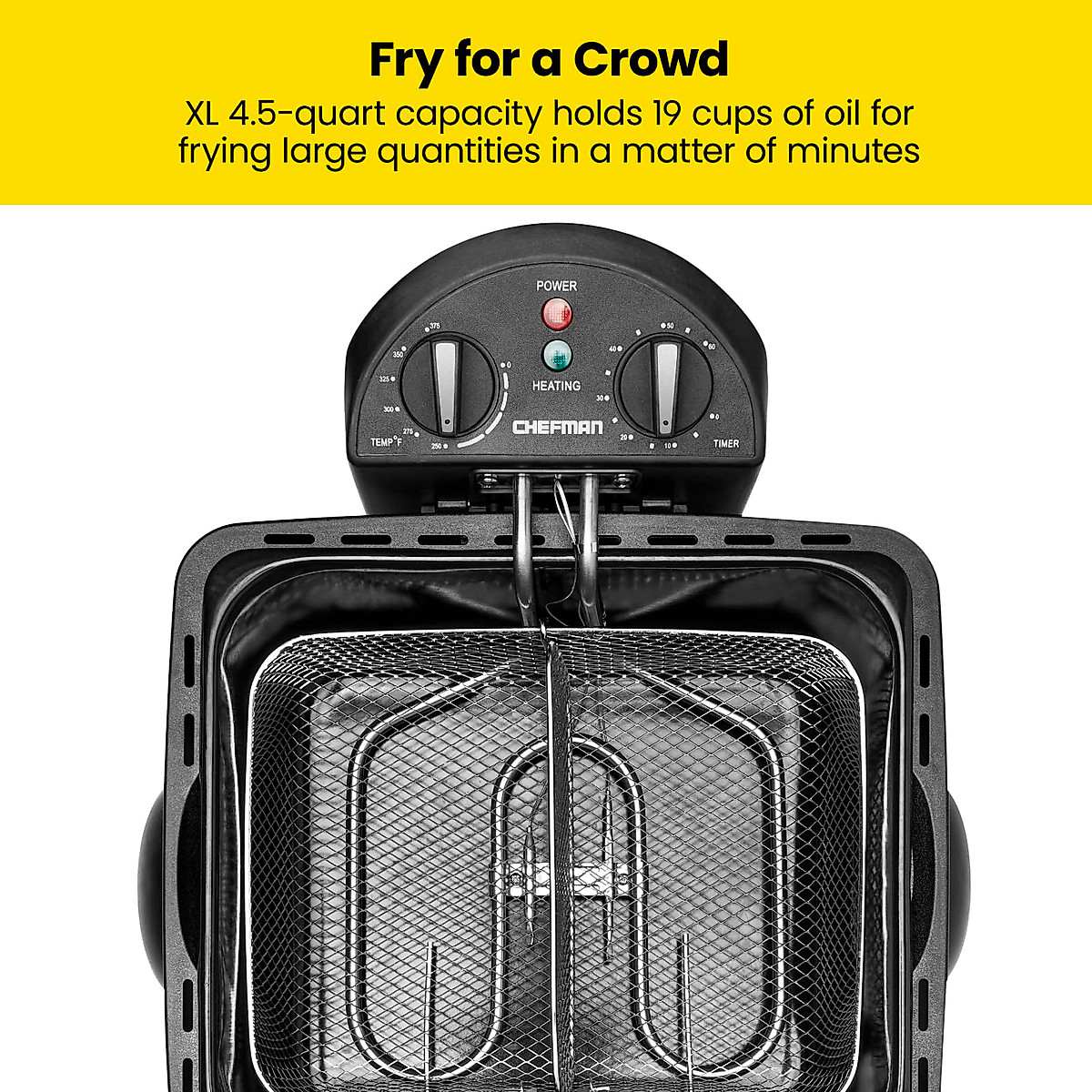 Chefman 4.5L Dual Cook Pro Deep Fryer with Basket Strainer and Removable Divider, Jumbo XL Size, Adjustable Temp & Timer, Perfect for Chicken, Fries, Chips and More, Easy to Clean, Stainless Steel