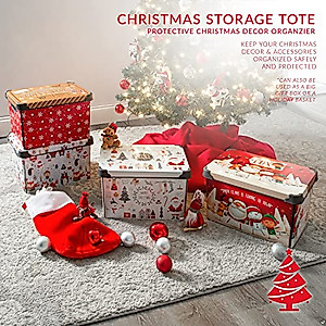 Simplify Santa’s Elves and Snowflake Design Storage Bin | Christmas Tote | Holiday Décor Decorations Organizer | Lidded | Stackable | Red