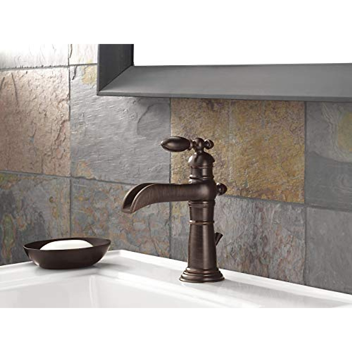 Delta Faucet Victorian Bronze Bathroom Faucet, Single Hole Bathroom Faucet, Waterfall Faucet, Single Handle, Metal Drain Assembly, Venetian Bronze 554LF-RB