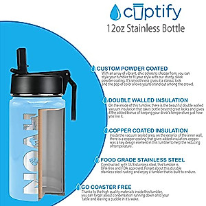 Personalized Kids Water Bottle with Straw Lid on Pastel Blue Gloss for School Engraved Custom Children Name 12 oz Modern Insulated Stainless Steel