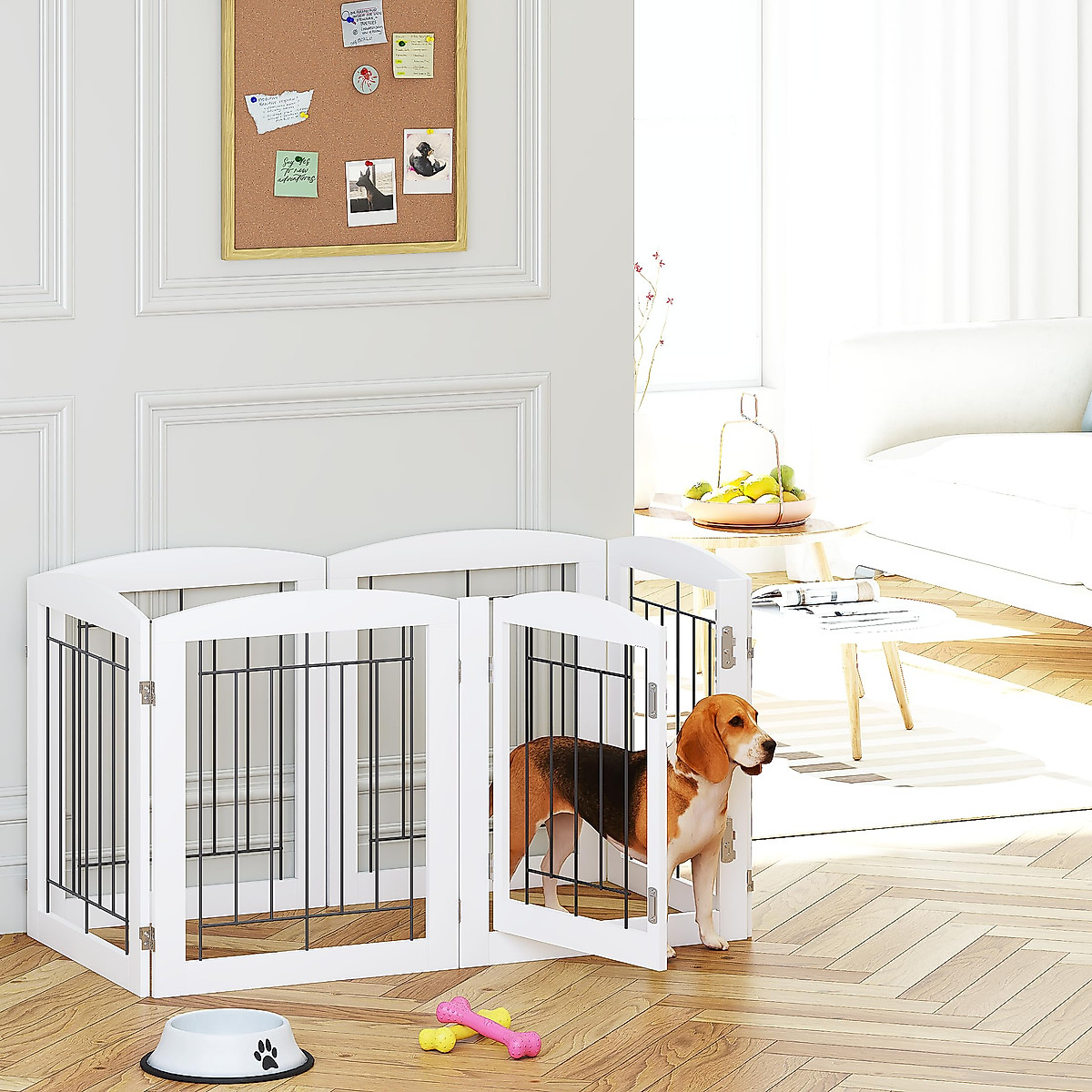 Spirich Extra Wide Dog Gates with Walk Through Door, Wooden Freestanding Pet Gate for Dog, Dog Gate for The House, Doorway, Stairs, 120" Wide Pet Puppy Safety Fence with 6 Panels (White)