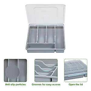 QINOL Silverware Holder with Lid, Double Layer Utensil Tray with Cover Large Flatware Organizer Plastic Cutlery Container for Kitchen Drawer Countertop 10 Compartments, Grey