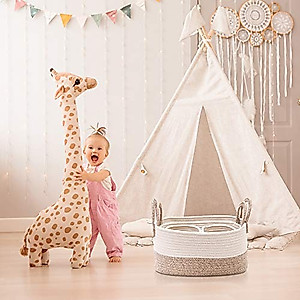 E-HOUPRO Storage Baskets Set of 4,Cotton Rope Woven Organizer Bins Foldable Decorative Basket with Handles for Baby Nursery Laundry Kid's Toy,Beige