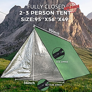 Wild Must:LYN Extra Large 3 Person Reusable Survival Emergency Shelter Tent, Reflective Waterproof Fireproof Lightweight Bugout, with Paracord✚Stake✚Zipper for Camping,First Aid,Hiking&Bushcraft