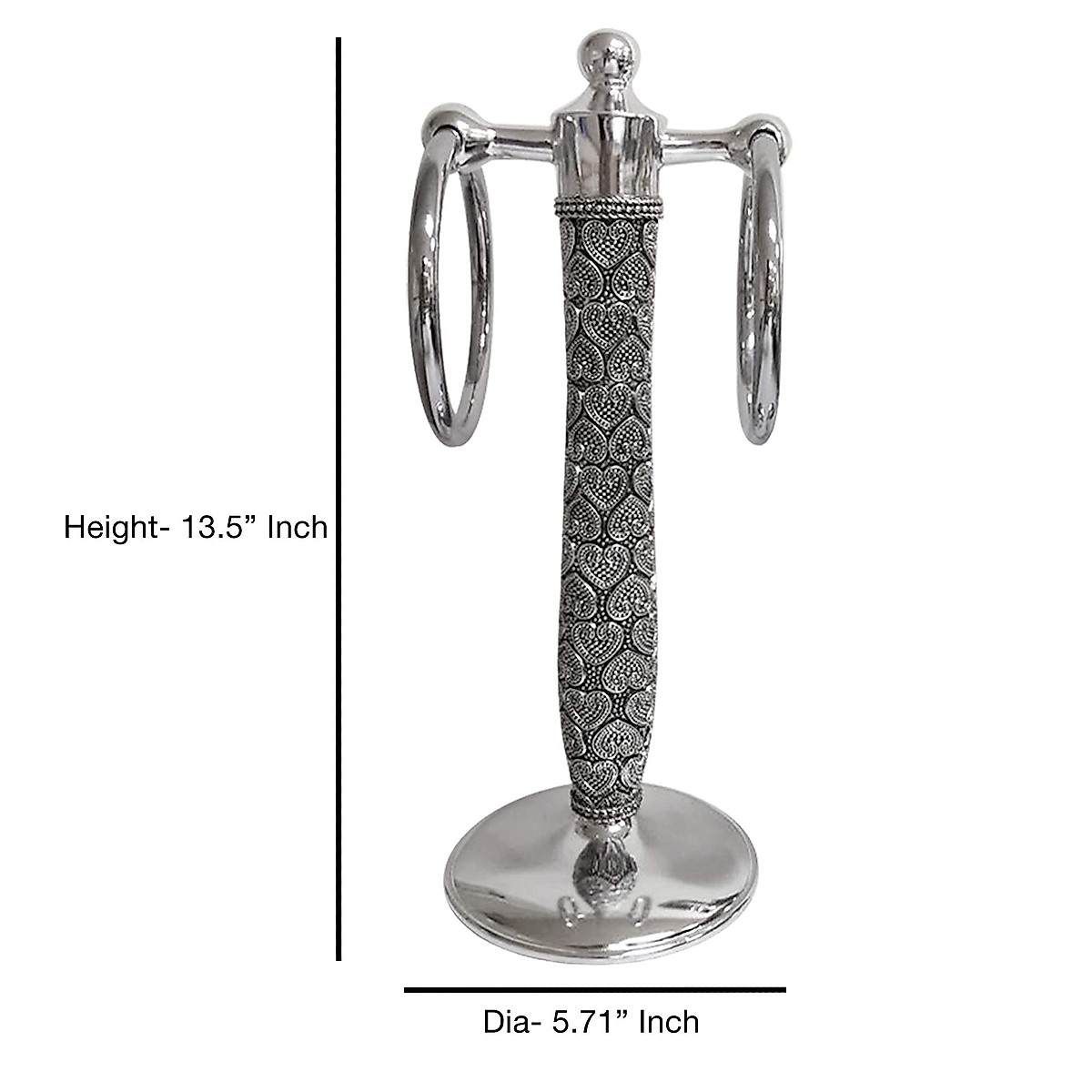 nu steel Store Beaded Heart Decorative Resin Fingertip Holder Stand for Bathroom Vanity, Countertops, Kitchen to Display & Store Small Guest Towels or Washcloths-2 Hanging Rings-Chrome, Large, Silver