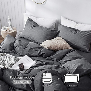 MooMee Bedding Duvet Cover Set 100% Washed Cotton Linen Like Textured Breathable Durable Soft Comfy (Dark Grey, Queen)