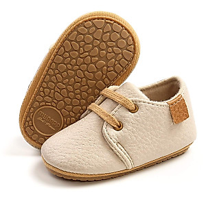 COSANKIM Baby Boys Girls Shoes Lace Up Leather Infant Sneakers Non Slip Rubber Sole Newborn Loafers Toddler First Walker Crib Shoes (0-18 Months), 6-12 Months Infant, A-Beige Baby Shoes