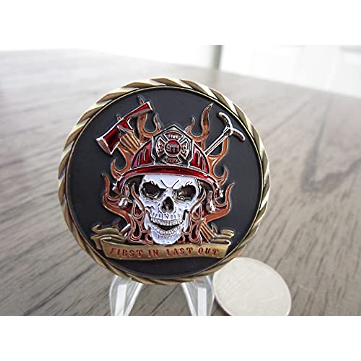 Firefighter Fireman First Responder First in Last Out 911 Skull Challenge Coin