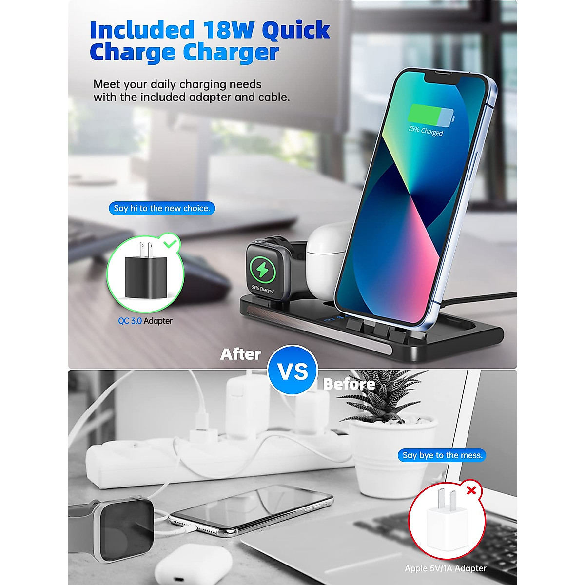 3 in 1 Charging Station, Foldable Charging Stand for Multiple Apple Devices Compatible with iPhone, iWatch, Air Pods, 18W Fast Charge Portable Travel Charger with QC3.0 Adapter