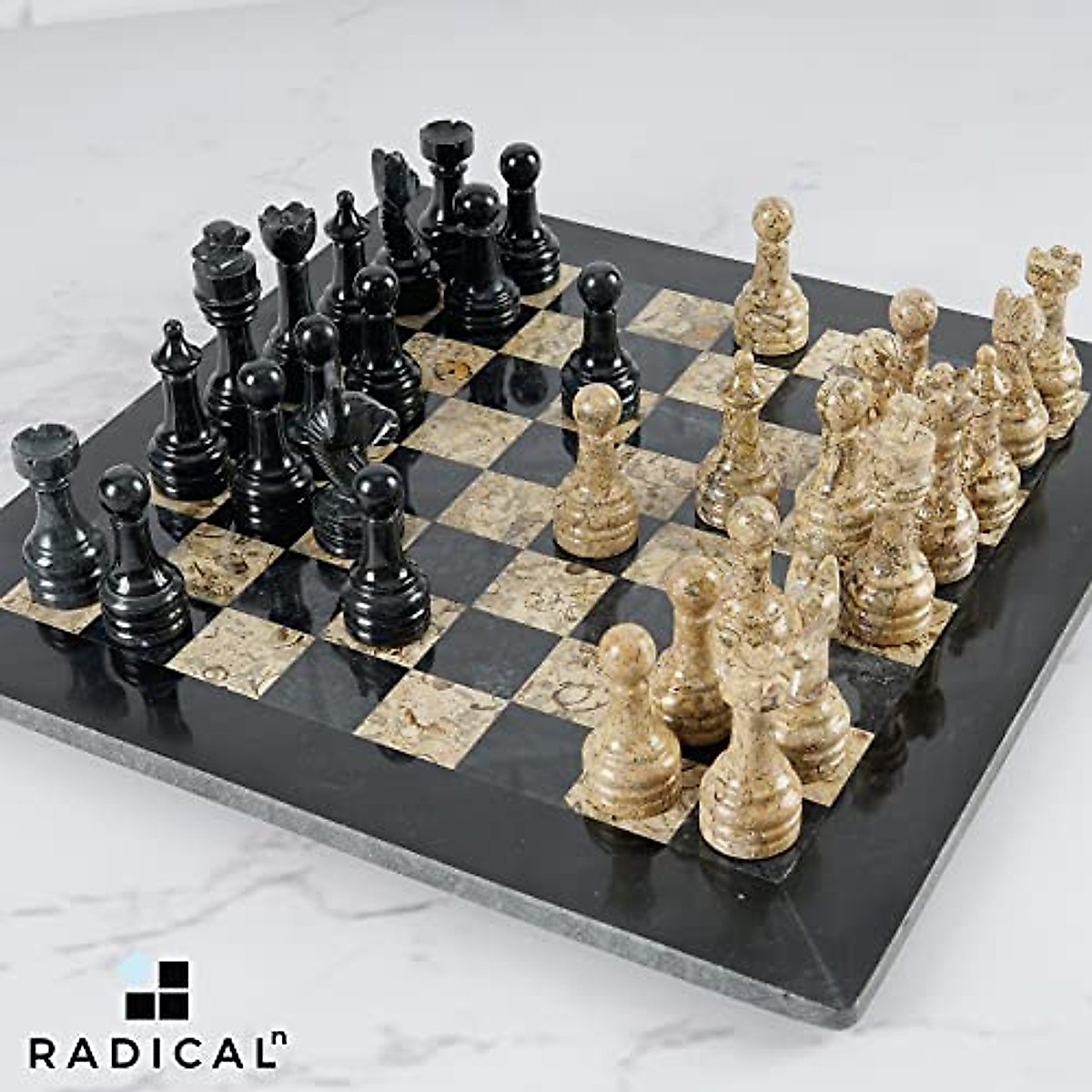 RADICALn 15 Inches Large Handmade Black and Fossil Coral Weighted Marble Full Chess Game Set Staunton and Ambassador Gift Style Marble Tournament Chess Sets