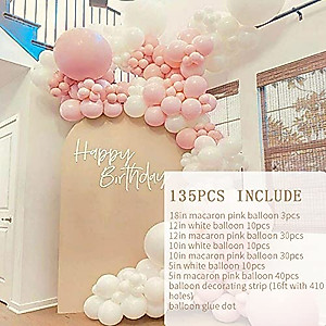 Macaron Pink White Balloon Arch Kit-135Pcs White Balloon Pink Balloon for Wedding,Gender Reveal,Birthday,Baby Shower,Christmas Party Decoration.