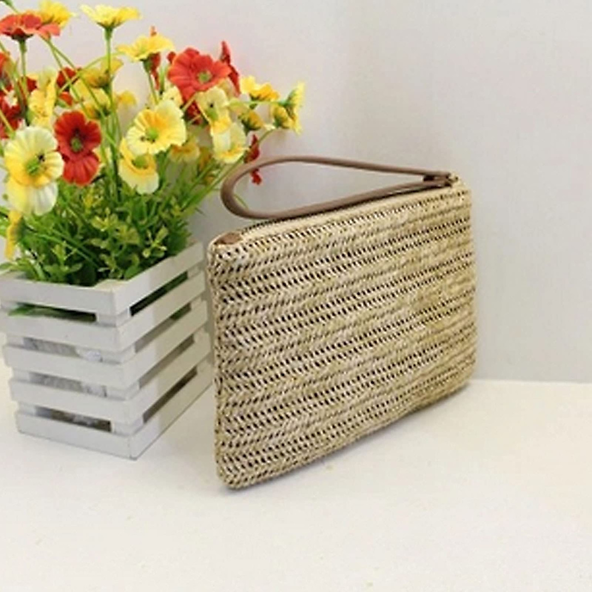 ZLM BAG US Natural Straw Boho Purse Zipper Wristlet Wallet Handwoven Beach Clutch Bag Off White