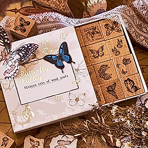 Tvoip 16 Pcs Wooden Rubber Stamp Set, Vintage Butterfly Scrapbooking Stamps Junk Journal DIY Craft Wooden Rubber Stamps Set for Scrapbook Album Diary Seal Stamps