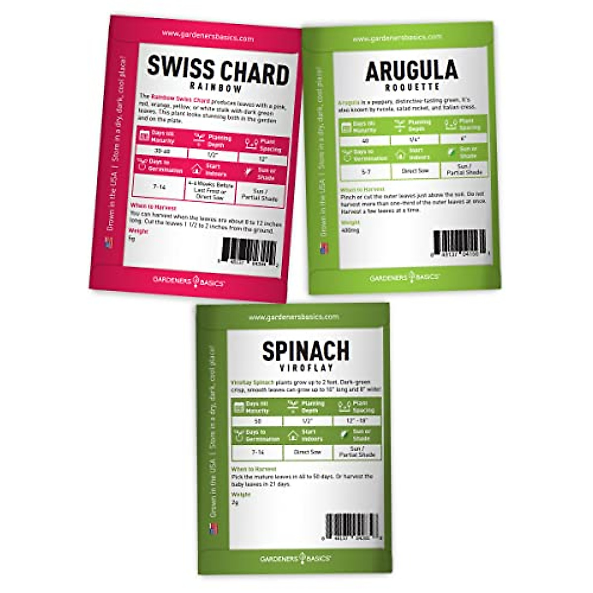 Power Greens Seeds for Planting Individual Packets 5 Variety Pack - Arugula, Spinach, Swiss Chard, Kale, Cabbage Seeds for Your Heirloom Salad, Winter, Fall and Cool Weather Garden by Gardeners Basics
