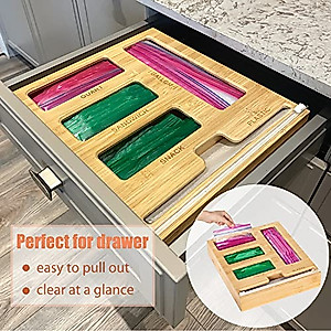 Sansnow 5 in 1 Bamboo Ziplock Bag Organizer Box and Plastic Wrap/Foil/Wax Dispenser with Cutter, Storage Box for Ziplock Bag (Gallon/Quart/Sandwich/Snack), Apply to Kitchen Drawer/Countertop/Wall