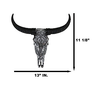 Ebros Gift Silver and Black Tribal Floral Vines Tooled Steer Bison Bull Cow Skull Head with Horns Wall Mount Decor Artistic Replica Native Animal Bust Skulls Hanging Mounted Plaque Sculpture