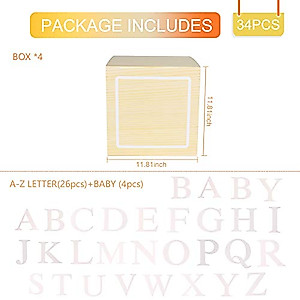 DIY Birthday Baby Shower Decorations - 4pcs Wood Grain Paper Boxes with BABY+A-Z letters,Party Boxes Block for Baby Shower Birthday Gender Reveal Graduation Teddy Bear Baby Shower Party Supplies
