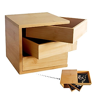 FARLEY Bamboo Organizer Box, 3 Layers Rotatable Jewelry Storage Organizer, Craft Box Organizer Decorative Storage Box for Girl Women's Gift