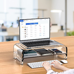 Beimu Acrylic Monitor Stand Riser 16Lx8.5Wx5H Inch 2-Tiers Acrylic Laptop Stand Riser for Desk with Anti Slip Mat Clear Monitor Stand with Storage for iMac MacBook and Any Size Computer Monitor