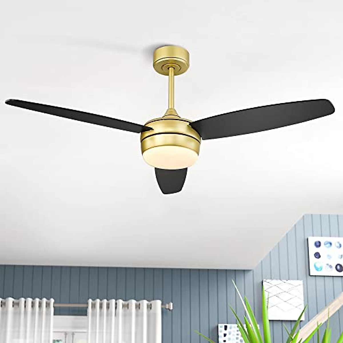 YOUKAIN Modern Ceiling Fan, 52 Inch Gold Ceiling Fan with Light and Remote Control, LED Ceiling Fan with 3 Matte Black Blades for Living Room, Bedroom, Bathroom, 52-YJ273-BK