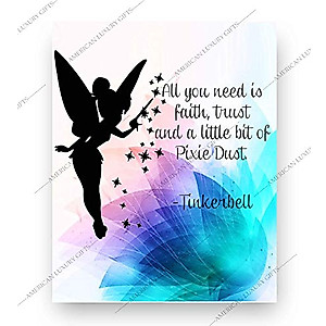 Tinkerbell Quotes- Faith, Trust & Pixie Dust- Inspirational Typographic Wall Art with Fairy Tale Print, Peter Pan Themed Wall Art Print For Home Decor, Bedroom Decor & Nursery Decor. Unframed - 8x10”