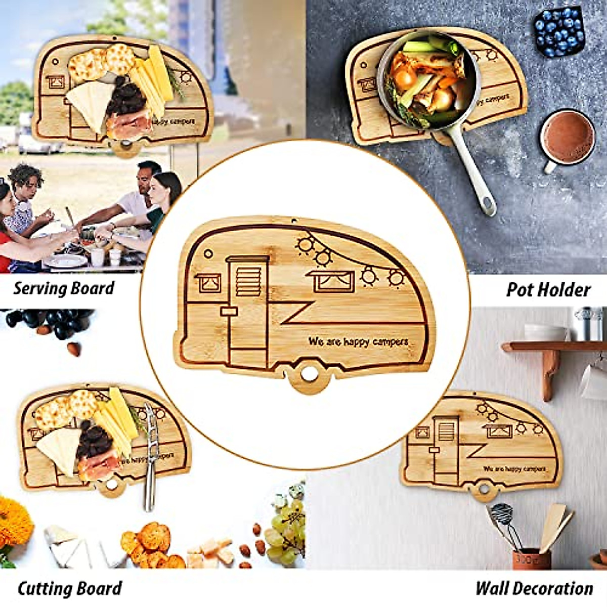 Happy Camper Bamboo Cutting Board,Retro RV Engraved Camping Cutting Board, Camper Decor RV Gift for Couple,Camping,Housewarming&Party