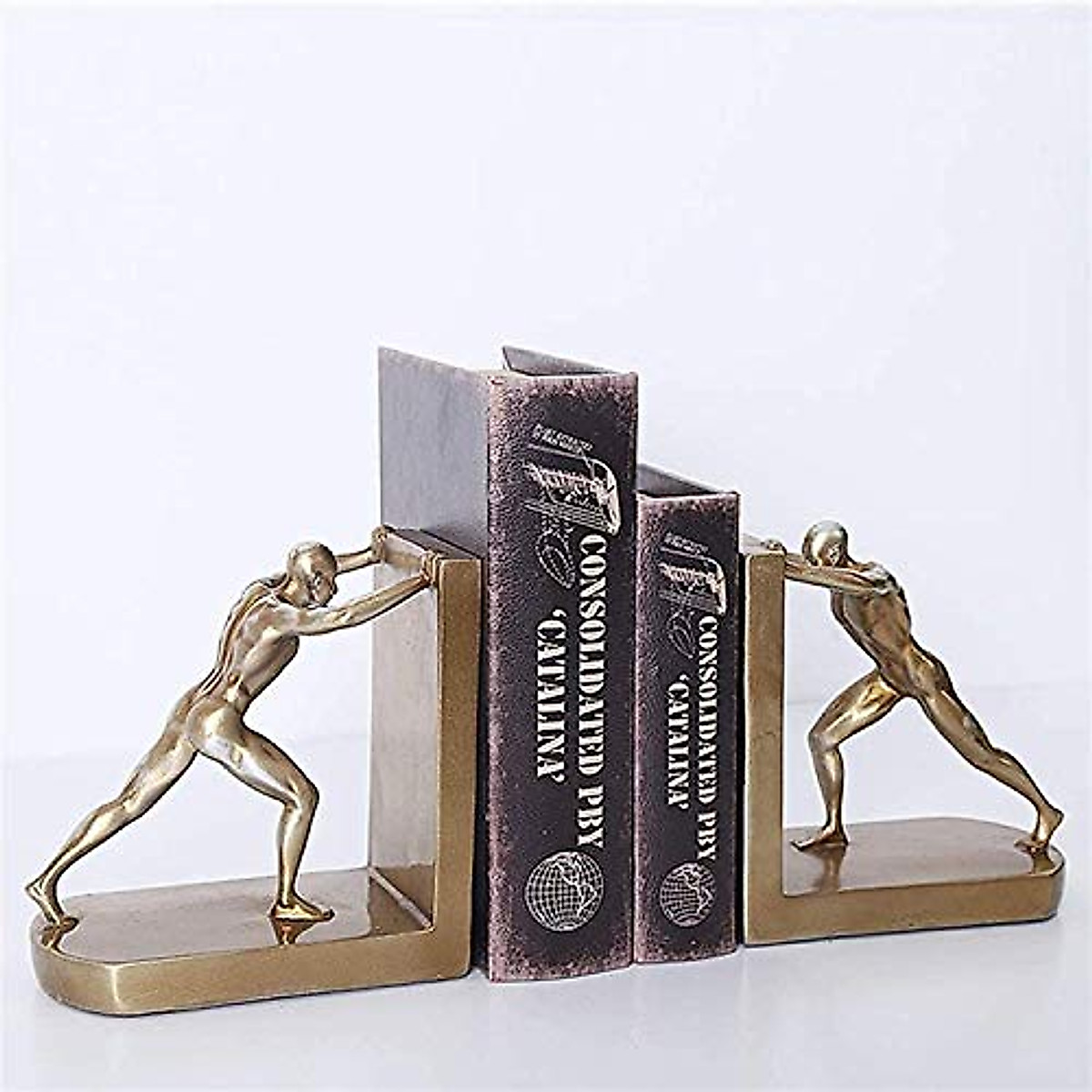 QLAZO Bookend Supports HeavyDuty ， Small Humanoid Bookend Set of Two, Bronze Finish Book Organizer Children Adults Desk Office Home Decoration
