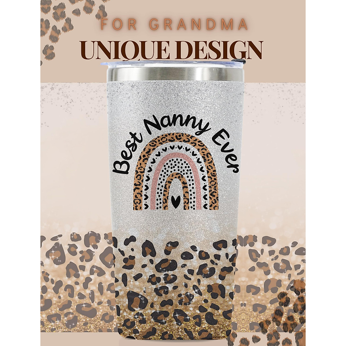 Onebttl Nanny Gifts from Granddaughter, Grandson, Insulated Stainless Steel Wine Tumbler with Lid and Straw, for Grandma on Mother's Day, Birthday, Christmas, Best Nanny Ever, Glitter Silver, 20 oz