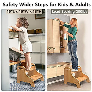 Wooden Kids Adults Step Stool, DORPU Toddler Step Stool for Bathroom Sink, 2 Step Potty Stool with Handles, Bamboo Step Stool, Natural