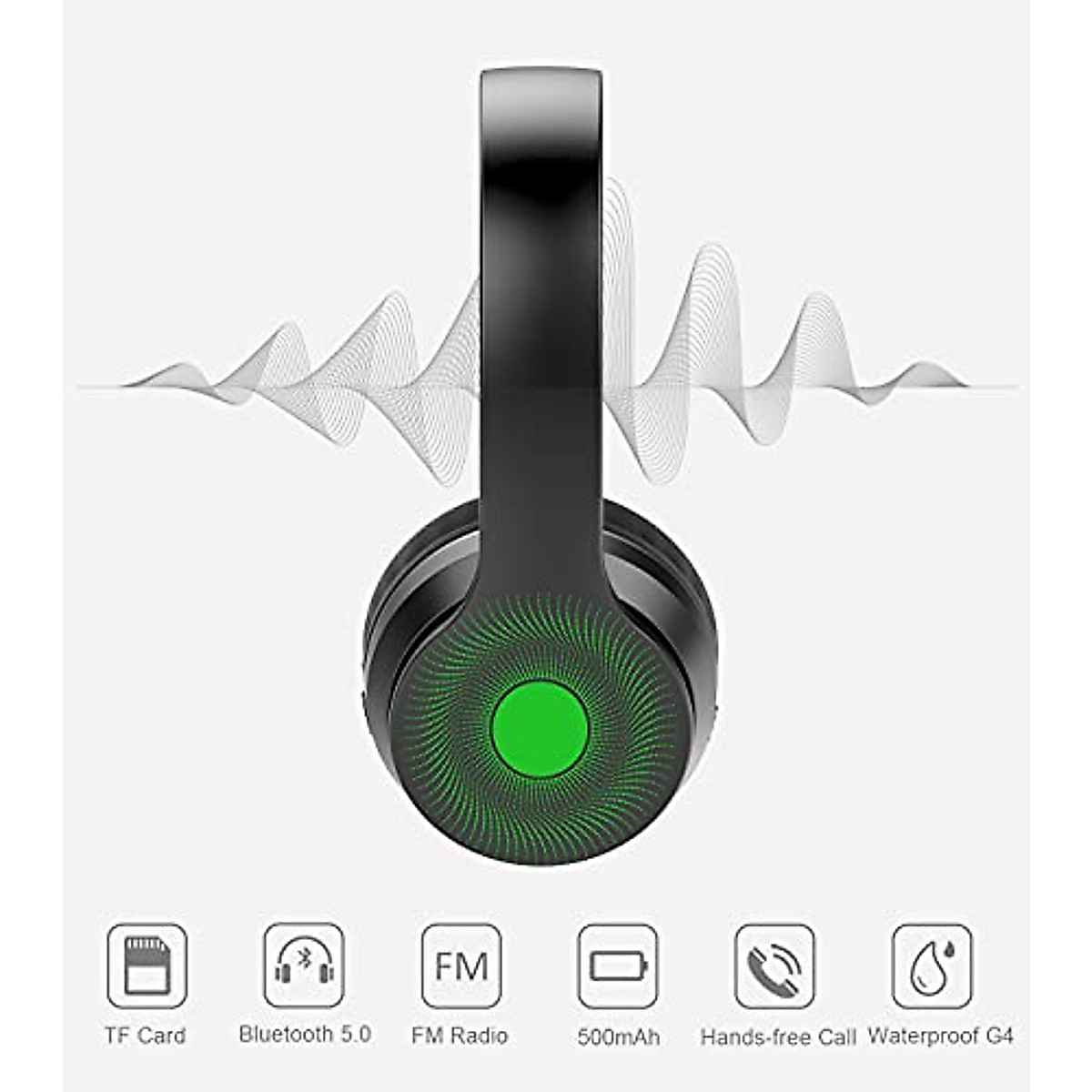 LOBKIN Bluetooth Foldable Headband Microphone &Audio Cable,Hi-Fi Stereo Wireless Headset,Noice Cancelling Soft Earmuffs,TF Card MP3,FM Radios Headphones for Online Class/iPhone/iPad/PC (Green)