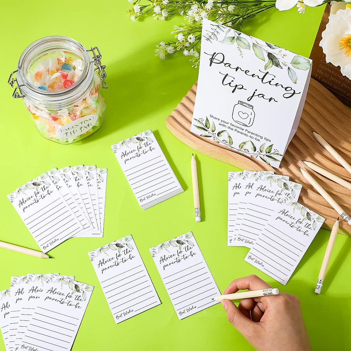 Roowest Baby Shower Advice Cards for New Parents to Be - Tip Jar Sign for New Parents 60 Parenting Advice Cards 10 HB Pencils 2 Cute Stickers 1 Pet Bottle for Guests Games(Leaf)