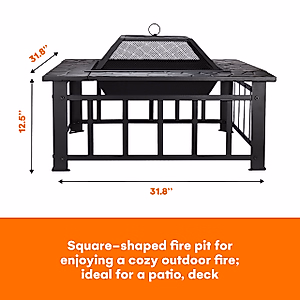 Zorestar 3 in 1 Metal Square Firepit (31.8"Dx31.8"Wx12.5"H-In) - Heavy-Duty & Portable BBQ Stove with Screen Cover & Poker - Wood Burning and Drink Cooling Fire Pit for Patio, Bonfire, Backyard, Deck