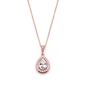 Mariell Rose Gold Cubic Zirconia Crystal Bridal Necklace, Teardrop Pendant Wedding Prom Jewelry Gift