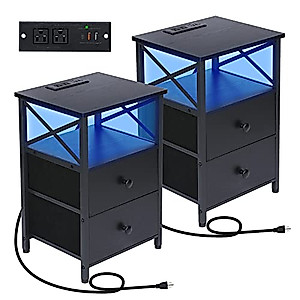 AMHANCIBLE LED Night Stand Set 2, Night Stands for bedrooms Set of 2 with Charging Station, Side Table with USB C Port and Outlet HET052LBK