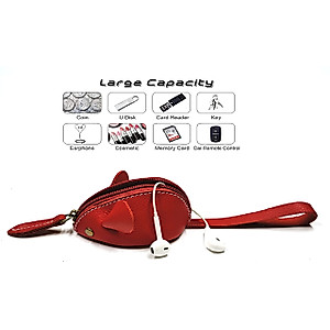 Genuine Leather Mouse Coin Purse Wallet, Womens Change Purse with Zipper, Cute Soft Leather Coin Pouch Mini Size - (Red)
