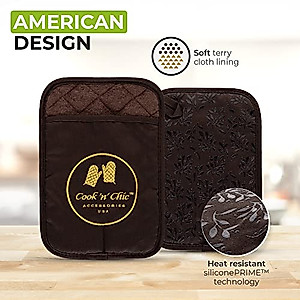 Premium Pot Holders - Heat Resistant - Non Slip Textured Silicone Grip - Washable Mittens for Cooking Baking - Flexible Soft Terry Cloth Cotton Lining - Set of 2 by Cook'n'Chic