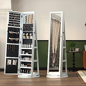 LVSOMT LED Mirror Jewelry Cabinet Standing, 360° Swivel Jewelry Organizers and Storage, Farmhouse Mirror with Jewelry Storage, Lighted Jewelry Armoire with Full Length Mirror (Pure White)