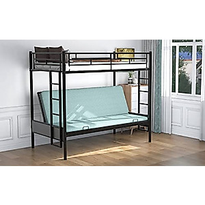 Epinki Twin Over Full Metal Bunk Bed, Multi-Function, Black, Bed Frame, Easy Assembly