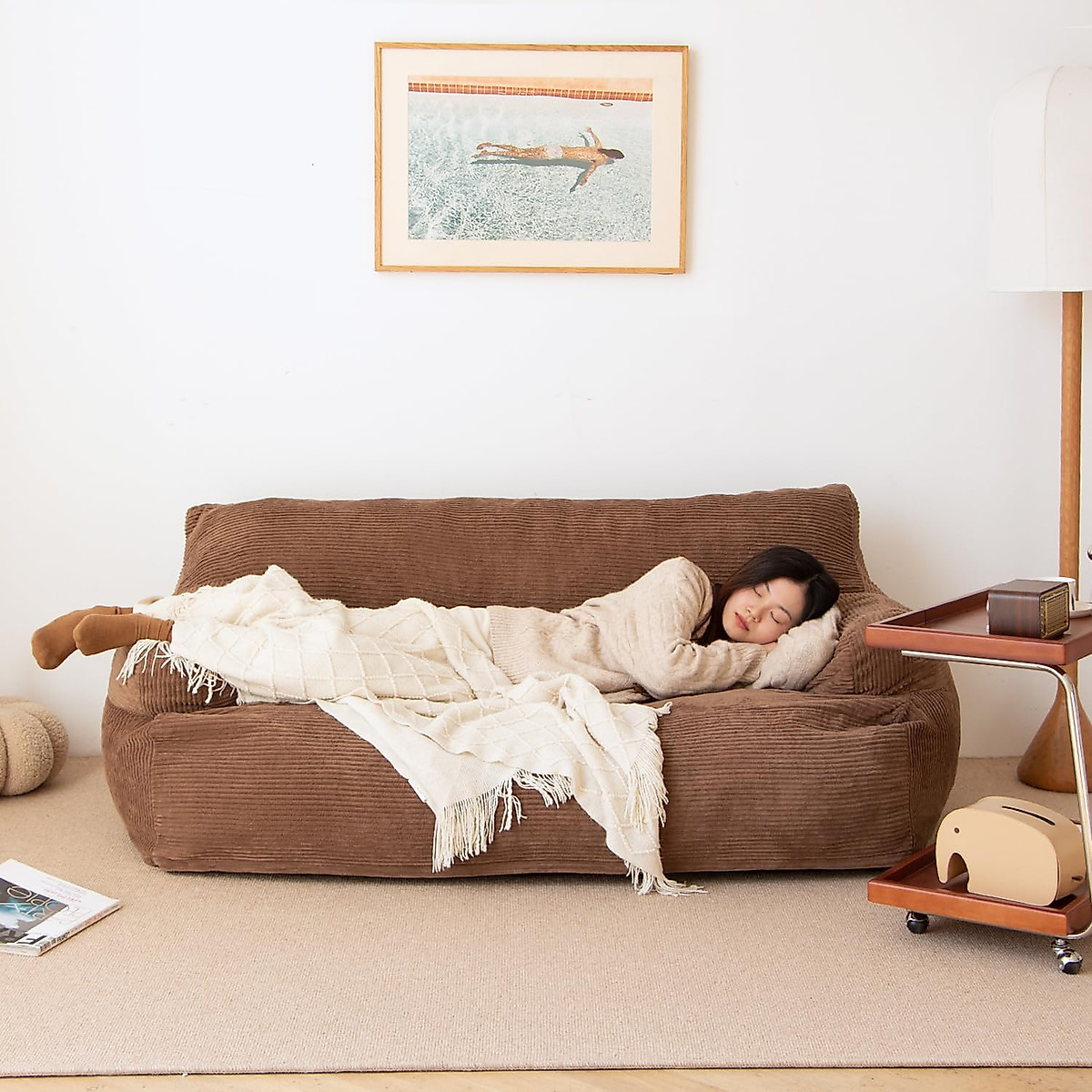 N&V Giant Twin Size Bean Bag Sofa, Foam Filling Floor Sofa, Includes Removable and Machine Washable Cover, Brown