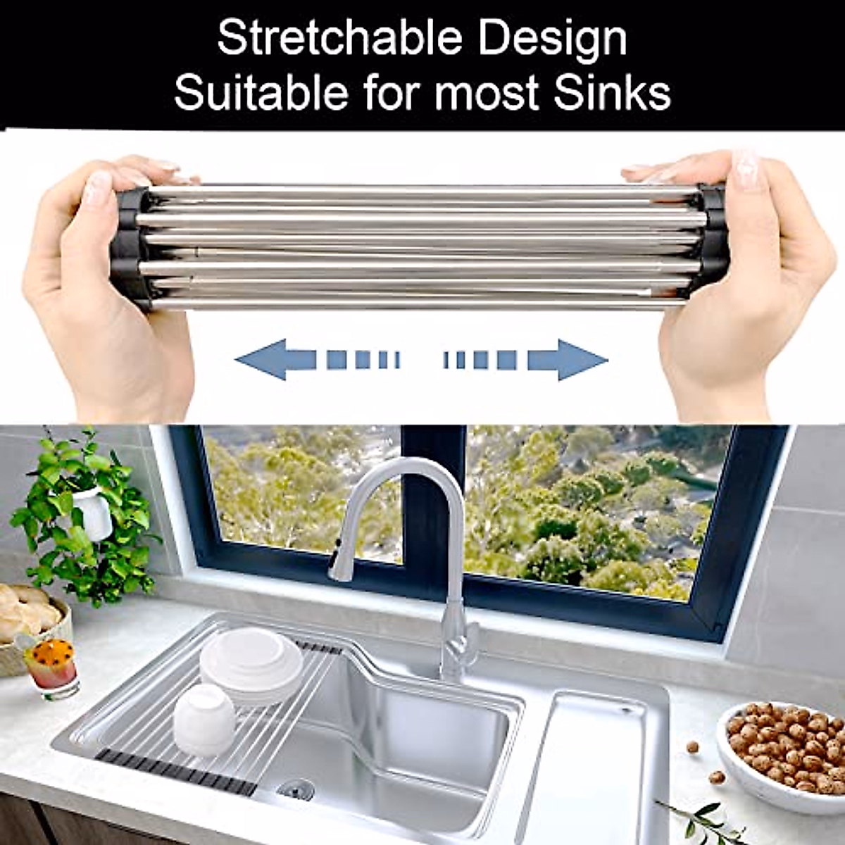Chixapopimo Roll up Dish Drying Rack Retractable 11" to 20" x 13'' Foldable Rolling Dish Drainer Over The Sink Drying Rack SUS304 Stainless Steel Sink Rack for Kitchen Counter of Various Sizes