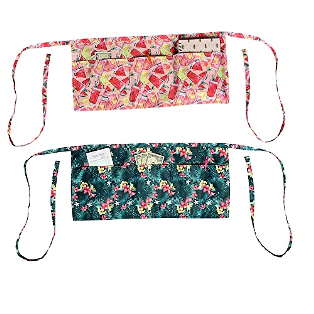 Plum Hill Tropical Waist Apron Set - Waitress Server Aprons - 3 Pockets; Cute Half Apron for Bartender, Restaurant, Coffee Shop, Teachers - Floral and Watermelon Drinks