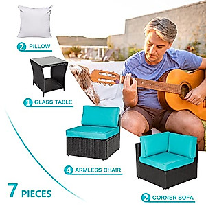 Kinsunny 7 PCS Patio Furniture Sets Conversation Sets - Outdoor Sets Sectional Sofa Set with Tea Table and Washable Blue Cushions, PE Black Rattan Sofa for Backyard/Pool