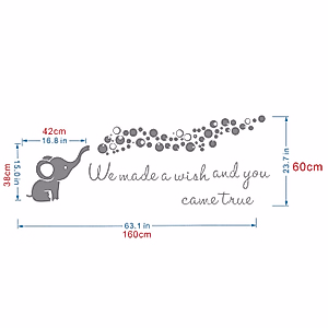 Home Nursery Room Wall Decor Sticker Baby Elephant Blowing Bubble Wall Sticker Vinyl Wall Decal Quotes We Made a Wish and You Came True Kids Bedroom Wall Mural AFN100 (Gray)