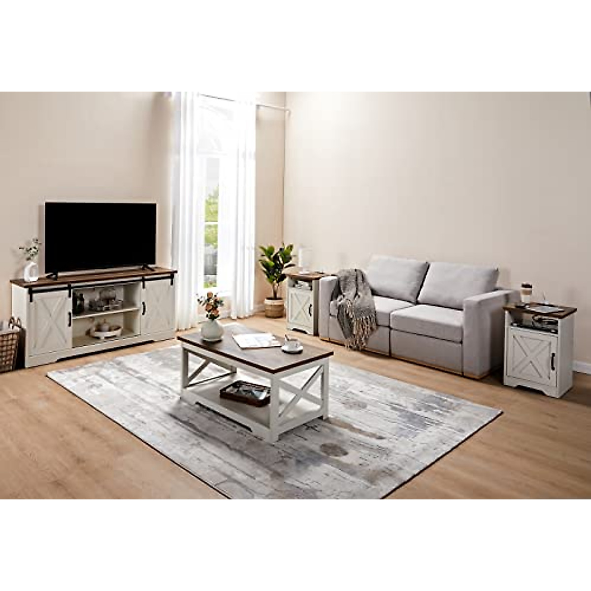AMERLIFE 4-Piece Farmhouse Table Set Includes Sliding Barn Door TV Stand, Coffee Table& Two End Tables, Side Table with Charging Station and USB Ports, for Living Room, Bedroom, Distressed White, 59‘