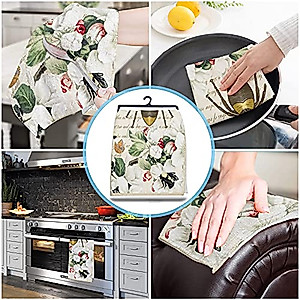 LOVE HOME DAY Kitchen Towel Set of 1, Spring Bee Watercolor White Blossoms Flower Butterfly Hand Towels Absorbent Microfiber Dish Cloth Vintage Stamp Washable Tea Bar Dishcloth Cleaning Cloths