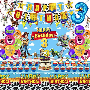 Toy Inspired Story Birthday Decorations For 3 Year Old,Include Happy Birthday Banner,Balloons,Backdrop,Tablecloth Cake Topper For 3rd Birthday Decorations for Boys.