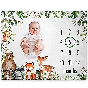 Yuzioey Woodland Baby Monthly Milestone Blanket, Woodland Animals Baby Growth Chart Monthly Blanket, Watch Me Grow Baby Woodland Forest Nursery for New Moms Baby Shower, Includes Marker (50"x40")