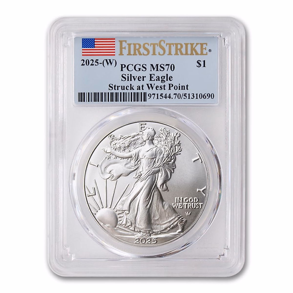 2025 (W) 1 oz American Silver Eagle Coin MS-70 (First Strike - Struck at West Point - Flag Label) $1 PCGS MS70