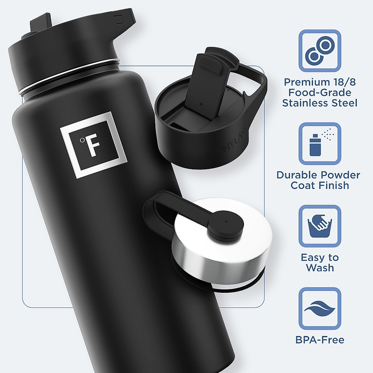 IRON °FLASK Sports Water Bottle - 32 Oz, 3 Lids (Straw Lid), Leak Proof, Vacuum Insulated Stainless Steel, Double Walled, Thermo Mug, Metal Canteen