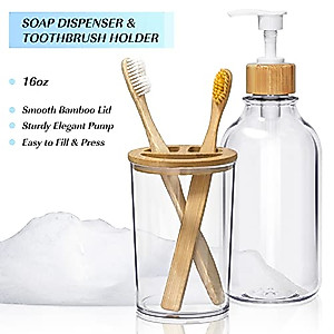 SGHUO Bamboo Bathroom Accessories Sets of 4, Soap Dispenser, 2 Qtip Holder Jars, Toothbrush Holder, Bathroom, Boho Decor